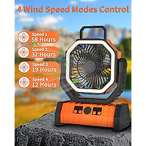 ADUST Camping Fan Battery Operated Powered Fan with LED Lantern Light 20000mAh Rechargeable Portable Fan, Oscillating Fan with 360° Rotation Hanging Hook for Tents, Cordless USB Desk Fan(Orange)