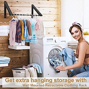 Foldable Wall Mounted Drying Rack with 80CM Extension Rod，Heavy Duty Aluminum Telescopic Clothes Hanger for Laundry Room Organisation Storage Drying Hanging Clothes with Drying Rod (2-Pack, Black)