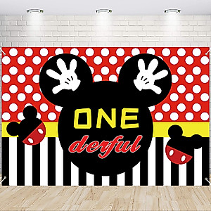 FVABO Mickey 1st Birthday Party Supplies Include Backdrop, Balloons Garland Arch, Welcome Hanger, Banner, Crown, Tablecloth, Cake Topper, Tassels, Mickey Theme Mouse Baby Shower Party Decorations