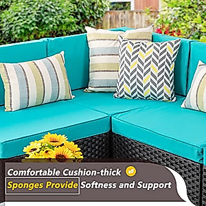 JAMFLY 7 Pieces Patio Outdoor Sectional Sofa Furniture Sets, All-Weather Black Wicker Rattan Conversation Sets with Tea Table & Ottoman & Washable Couch Cushions, Blue