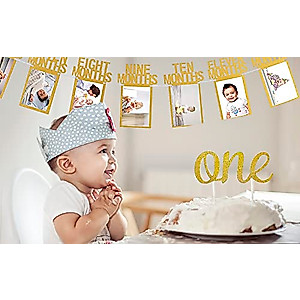 1st Birthday Baby Photo Banner for Newborn to 12 Months, with High Chair Banner, Monthly Milestone Photograph Bunting Garland First Birthday Celebration Decoration