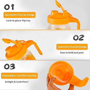 CONNYAM 4 Pack Mason Jar Flip Cap Lids with Handle, Compatible with Ball & Kerr, Airtight and Leak-Proof Seal, Easy Pouring Spout, Turns Jars into Pitchers