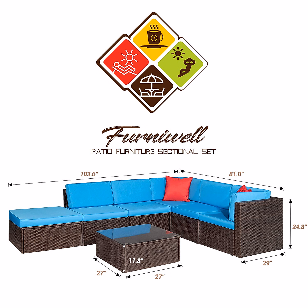 Furniwell 7 Pieces Patio Furniture Sectional Set Outdoor Wicker Rattan Sofa Set Backyard Couch Conversation Sets with Pillow, Cushions and Glass Table (Blue)