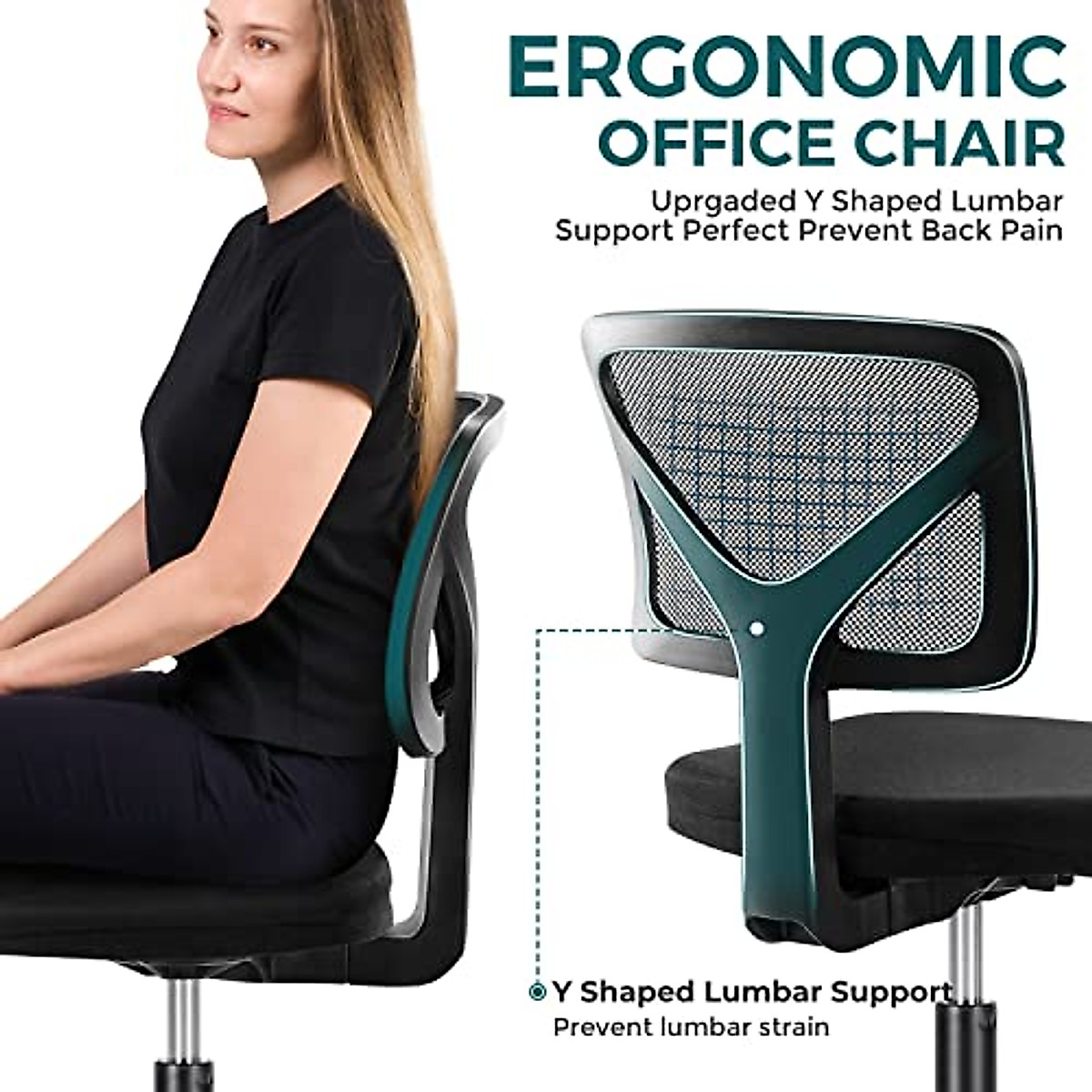 DUMOS Armless Desk Chairs with Wheels Cute Home Office Chair No Arms, Ergonomic Adjustable Swivel Rolling Task Chair, Comfy Mesh Mid Back Computer Work Vanity Chair for Small Spaces, Dark Black