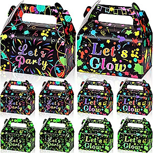 24 Pcs Glow in The Dark Box Supplies Glow Neon Themed Treat Bags with Handle Glow Party Candy Blacklight Boxes for Glow in The Dark Birthday Party Decoration Supplies, 2 Styles