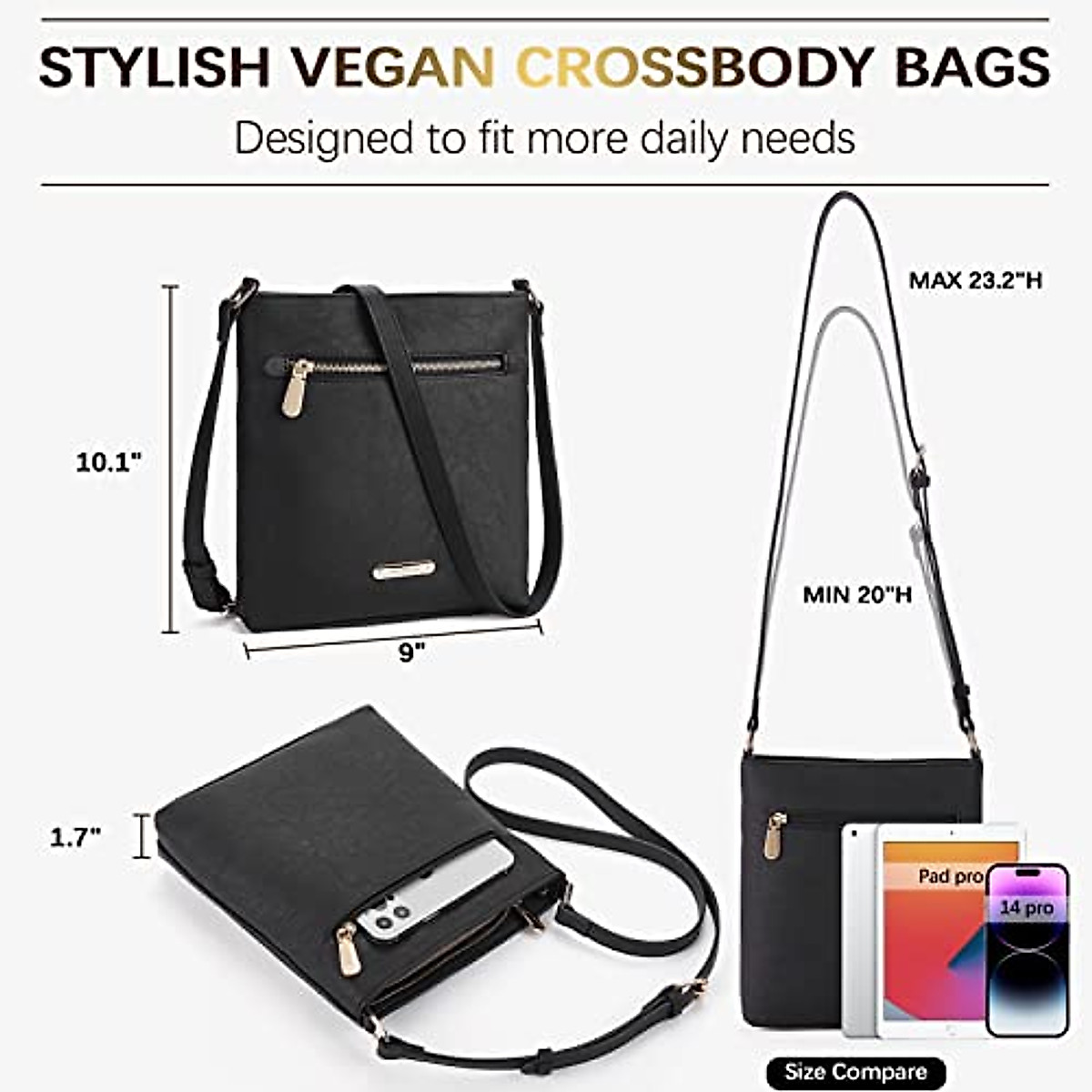 BOSTANTEN Crossbody Bags for Women Designer Cell Phone Multi Pockets Cross Body Purses Shoulder Handbags Ladies Black