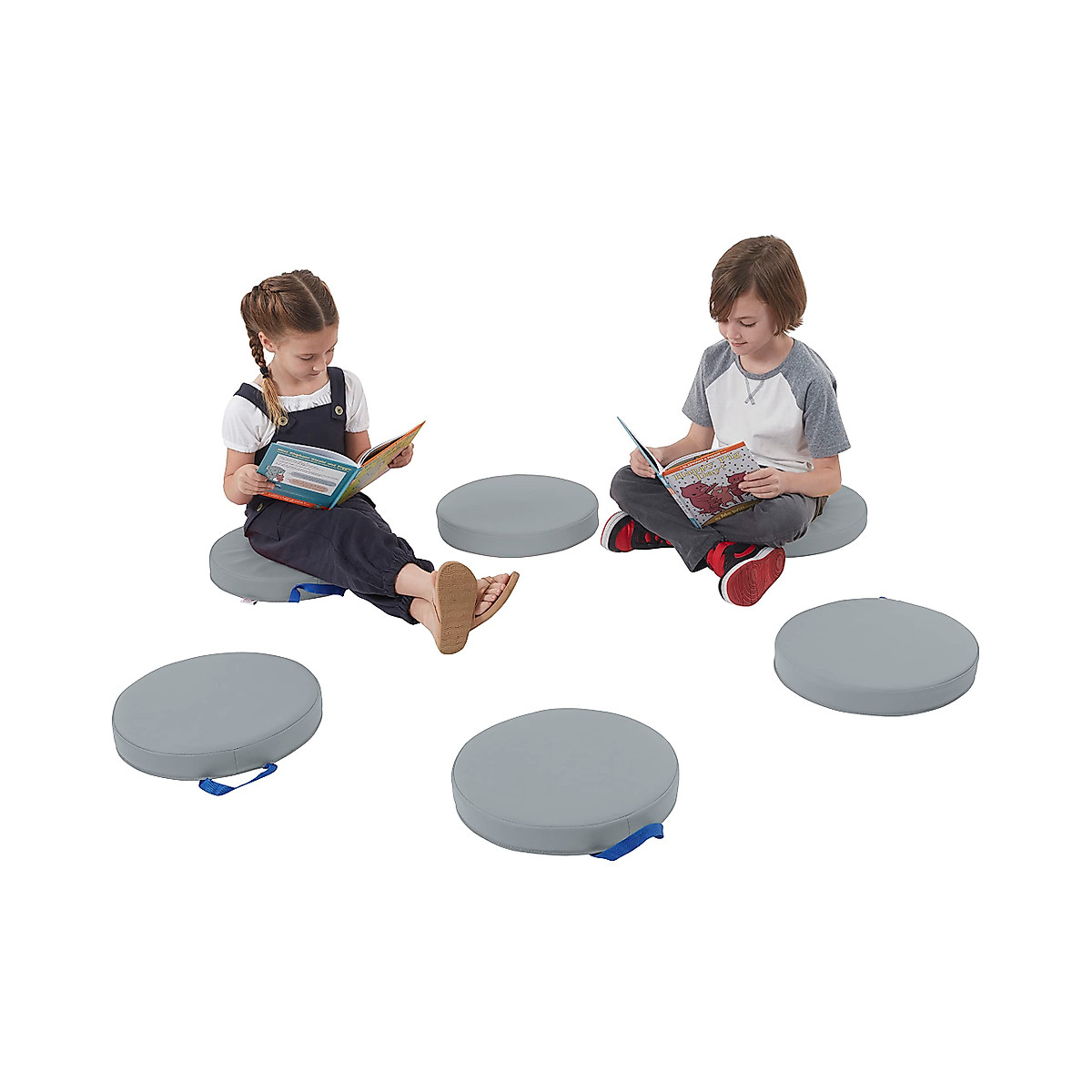 ECR4Kids SoftZone Floor Cushions, Round, Flexible Seating, Light Grey, 6-Piece
