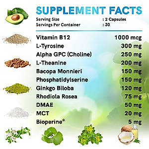 12-in-1 Nootropic Brain Supplement Anhydrous: Ginkgo Biloba for Brain Support, Memory and Focus - B12, Alpha GPC, L Theanine and Choline Supplements with Bioperine non Caffeinated 1321mg (120ct)