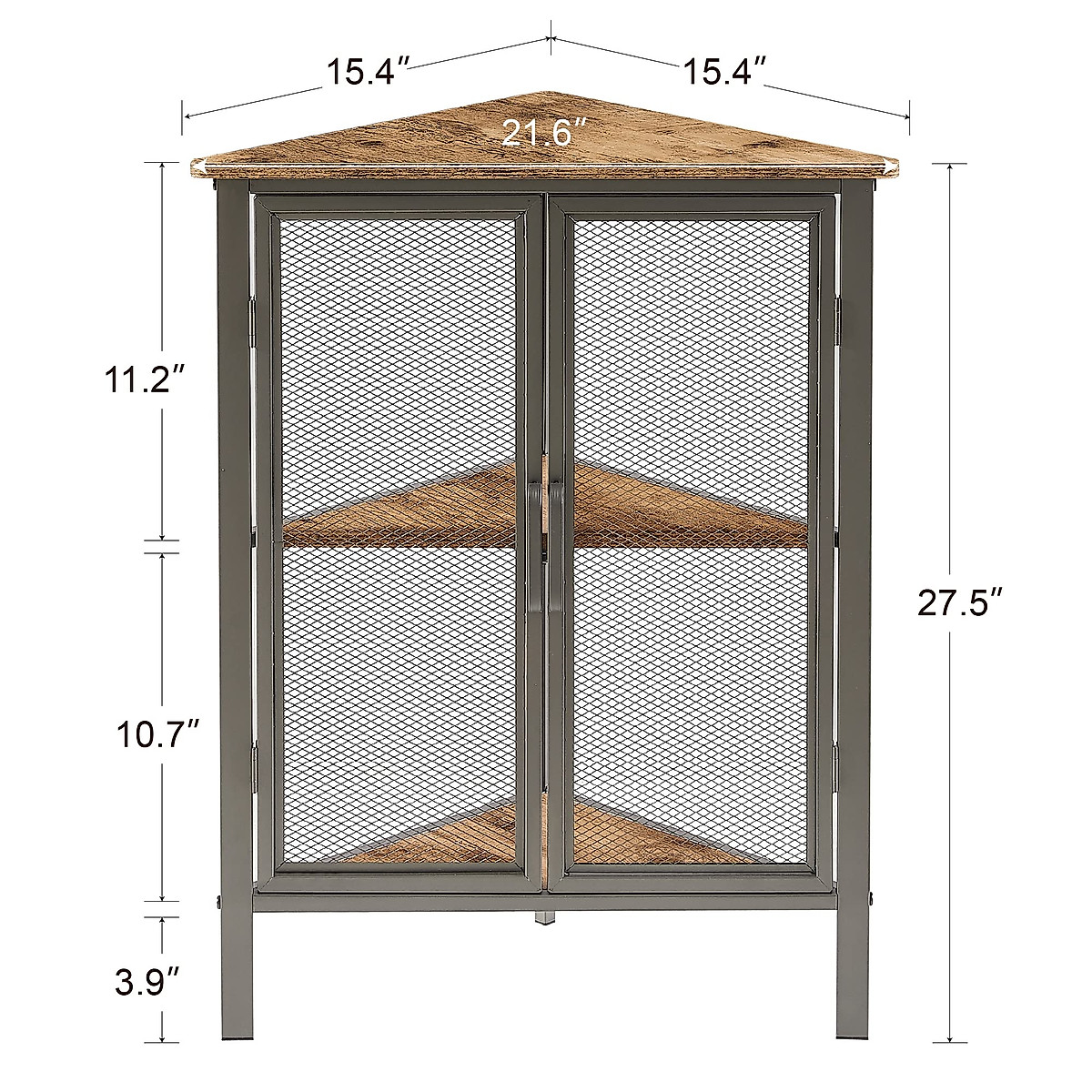 VECELO 3 Tier Corner Cabinet Shelf, Floor Standing Storage Organizer Shelves with Grid Doors for Small Space, Living Room, Bedroom, Kitchen, Balcony, Grey
