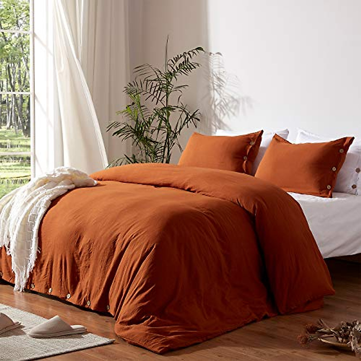 NexHome Burnt Orange Duvet Cover Sets Queen Size 3 Piece Double Brushed Microfiber Queen Duvet Cover with Button Closure & Corner Tie 1 Breathable and Soft Duvet Cover 90x90 inches + 2 Pillow Shams