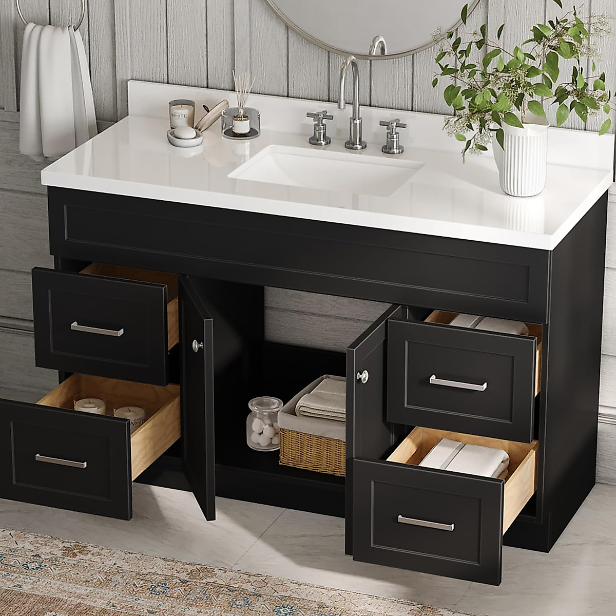 ARIEL 55" Inch Bathroom Vanity in White with 1.5" Inch Thick Edge White Quartz Countertop, 2 Soft Closing Doors & 4 Full Extension Dovetail Drawers, Built in Toe Kick, Satin Nickel, No Mirror (Black)