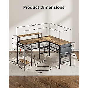 ErGear L Shaped Computer Desk with USB Charging Port and Power Outlet, 55 inch Corner Desk with Storage Shelves, 2 Person Long Gaming Table Modern Home Office Desk