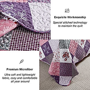 Dinjoy Purple Quilt Set Queen Size, Reversible Floral Plaid Patchwork Pattern Bedding Set Soft Microfiber Lightweight Bedspread Coverlet 3 Piece Spring Summer Use (90x90 inches)