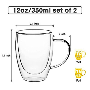Double Walled Glass Coffee Mugs Glass Mug With Handles Double Wall Cappuccino Cups, 12oz Of Set 2 Coffee tea Mugs, Clear Glasses With Handle