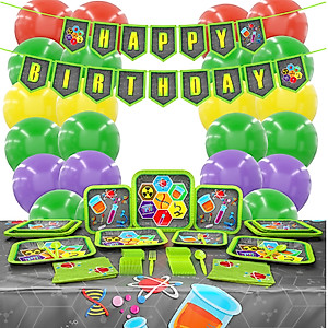 Blue Orchards Science Party Deluxe Party Supplies Pack (143 Pieces for 16 Guests) - Science Party Decorations, Chemistry Party, Mad Scientist Birthday, Plates and Napkins, Science Party Favors