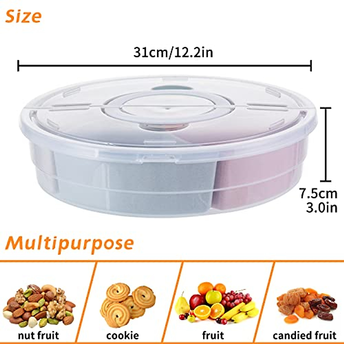 Round Divided Serving Tray Platter with Lid & Handle Storage Container, 5 Colorful Compartment Box Clear Organizer, Compartment Party Platter for Candy, Appetizer, Snack, Fruit, Nuts, Veggie, Parties