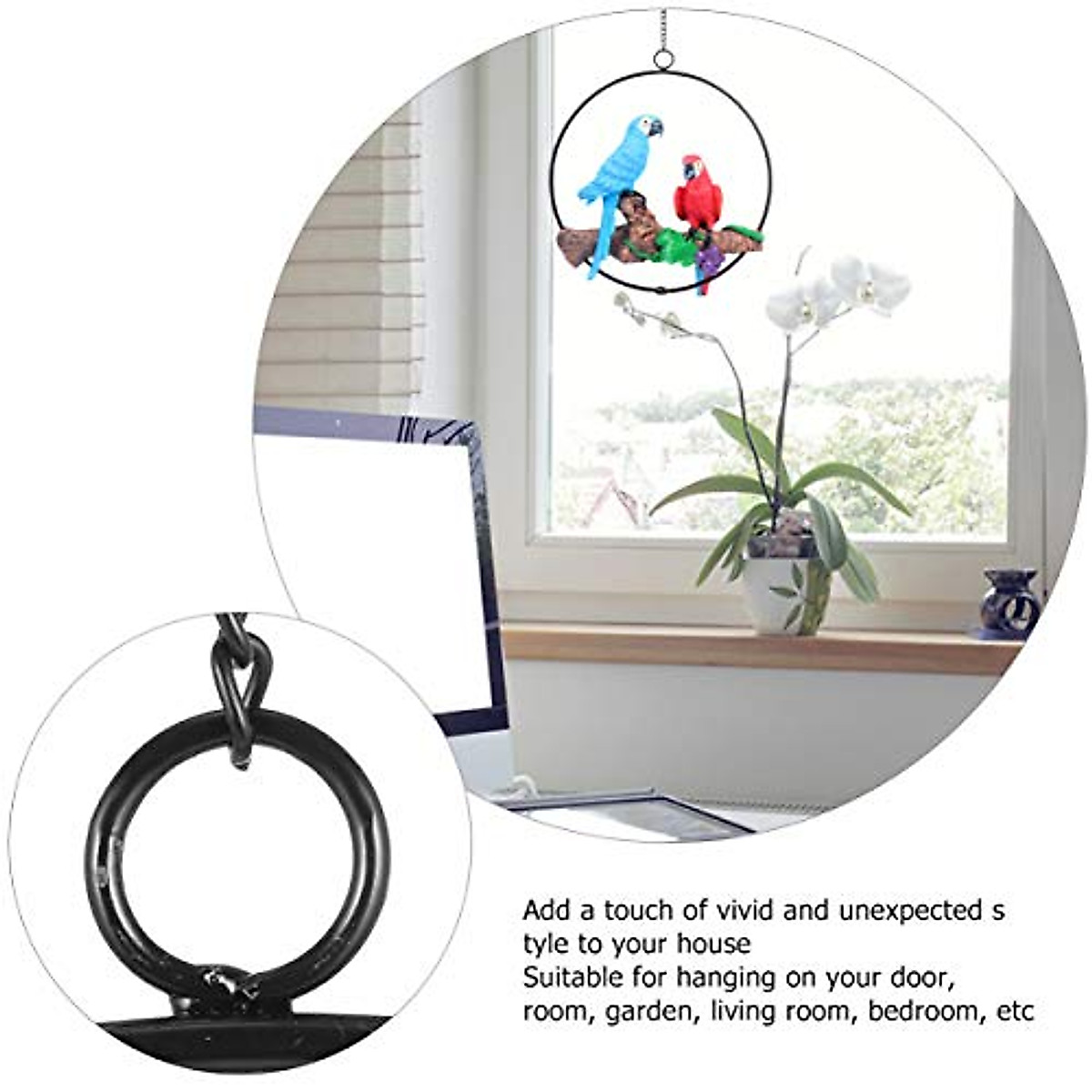 YARNOW Patio Home Garden Hanging Macaw Parrot Perching on Branch in Metal Round Ring Figurine Sculpture Nature Lovers Tropical Bird Collectors Decor Red Blue