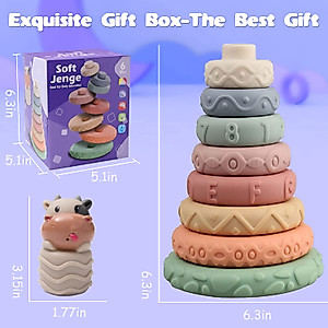 Maikerry 9PCS Stacking and Nesting Circle Toy with Cow,Soft Rings Building Stacker Squeeze Toy,Early Educational Learning Stacking Blocks Tower, Montessori Toys for 1,2,3 Year Old