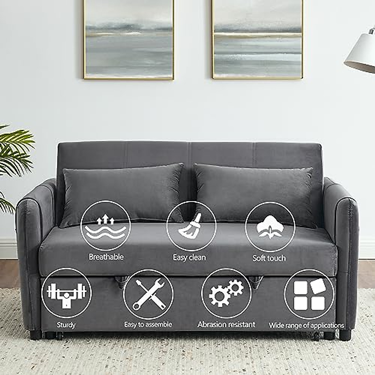 Mbolyeer 54" Modern Convertible Sleeper Sofa Bed, Velvet Loveseat Sofa Couch w/Pull-Out Bed, Seat with Adjustable Backrest, Lumbar Pillows, and Living Room Side Pockets, Gray