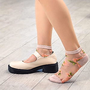 Woeoe Sheer Mesh Short Ankle Socks Floral Ultrathin Transparent Lace Summer Socks Thin See Through Silk Short Stockings for Women Girls(4 Pairs)