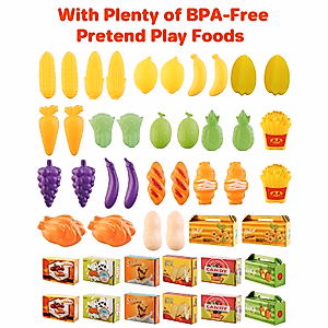 deAO Kids Shopping Cart Trolley with Sturdy Metal Frame for Toddlers 46 PCS Food Fruit Vegetables Pretend Play Food Role Play,Educational Toy Play Kitchen Toys for Boys Girls Kids