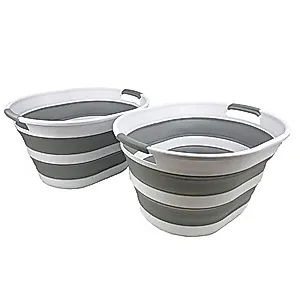 SAMMART 23L (6 Gallons) Set of 2 Collapsible Plastic Laundry Basket - Oval Tub - Foldable Storage Container/Organizer - Portable Washing Tub - Space Saving Laundry Hamper (White/Grey)
