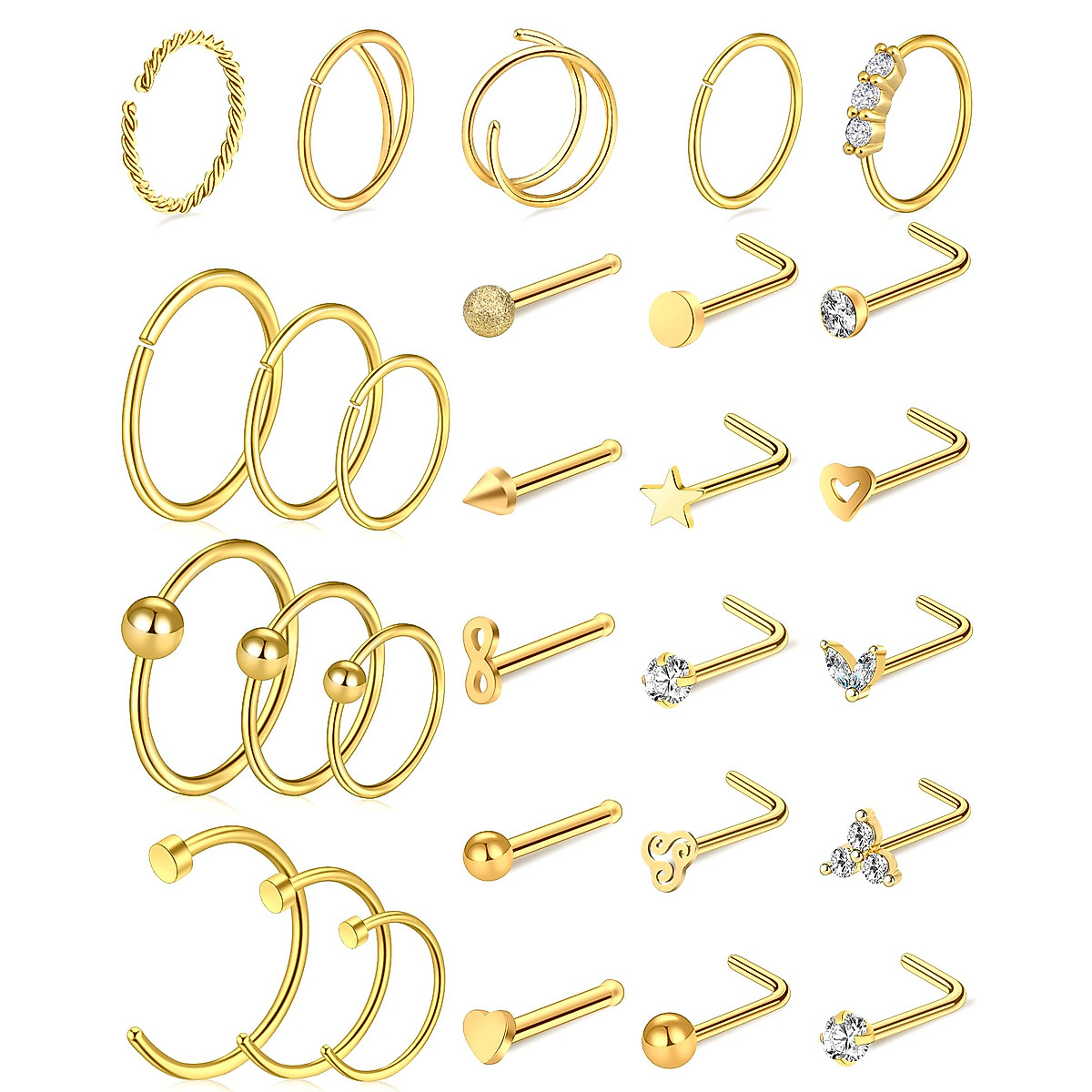 ONESING 29 PCS Gold Nose Rings for Women 20g Nose Piercings with Nose Rings Hoops L shaped Nose Screw Surgical Stainless Steel Nose Studs CZ Heart Star Hypoallergenic Nostril Nose Piercing Jewelry