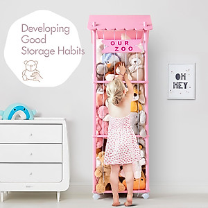 mloong Large Stuffed Animal Zoo Storage, 58" Tall Wooden Stuffed Animal Cage, Stuffed Animal Zoo Wood Soft Toy Organizer, Applicable Kids Nursery Play Room Bedroom (Pink)