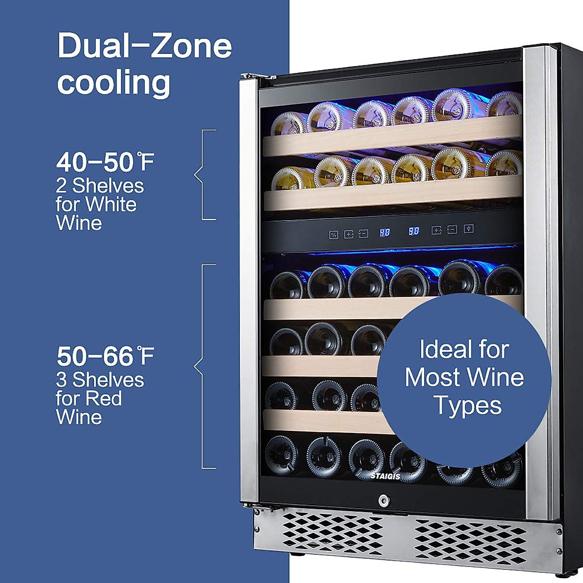 STAIGIS 24 inch Wine Cooler Refrigerator Freestanding, 46 Bottle Compressor Wine Fridge Dual Zone for Home, Kitchen and Bar, Digital Temperature Control