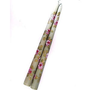 Dripless Unscented Olive Sage Green Romantic 10 Inch Long Taper Dinner Candles Set with Painted Pink Roses