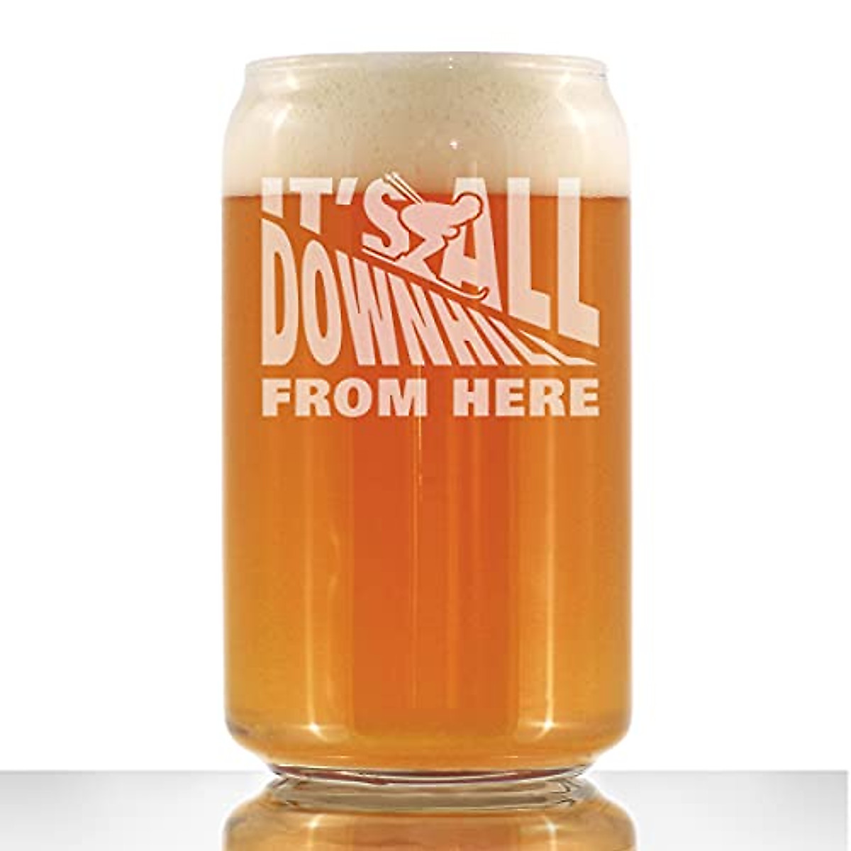 It's All Downhill From Here - Beer Can Pint Glass - Unique Skiing Themed Decor and Gifts for Mountain Lovers - 16 oz Glasses