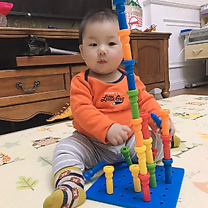 VIPAMZ Peg Board Set Toys-Montessori Occupational Therapy Fine Motor Skills Toy, Suitable for Toddlers and Preschoolers Over 3+ Year Old. 25 Tall-Stacker Pegs Rubber 8" Pegboard