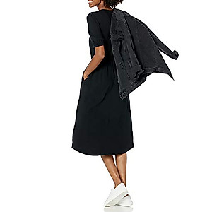 Amazon Essentials Women's Relaxed Fit Half-Sleeve Waisted Midi A-Line Dress, Black, Medium