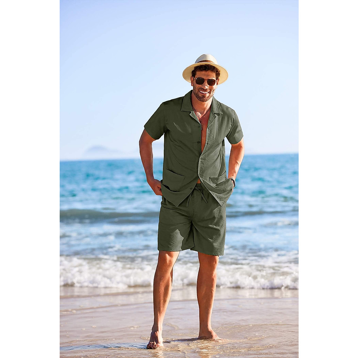 COOFANDY Men's Linen Beach Shirts Casual Hippie Holiday T-Shirts Shorts Outfits Button Down Hawaiian Outfits 2 Piece