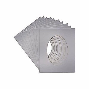 Metallic Silver Acid Free 10x12 Oval Picture Frame Mat with White Core Bevel Cut for 8x10 Pictures - Fits 10x12 Frame - Pack of 10 Matboard Show Kits With Acid Free Backings & Clear Bags
