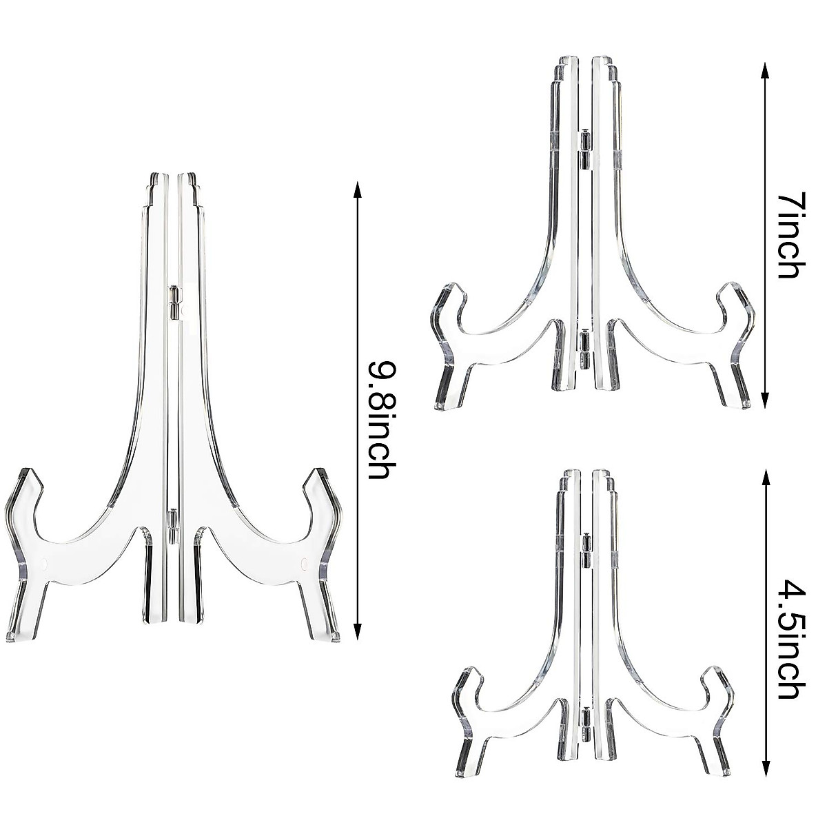 HESTYA 3 Pieces 4.5/7/9.8 Inch Clear Acrylic Easels Display Stands Plate Stands Holders to Display Pictures or Other Items for Weddings, Birthdays, Home Decoration, Tables