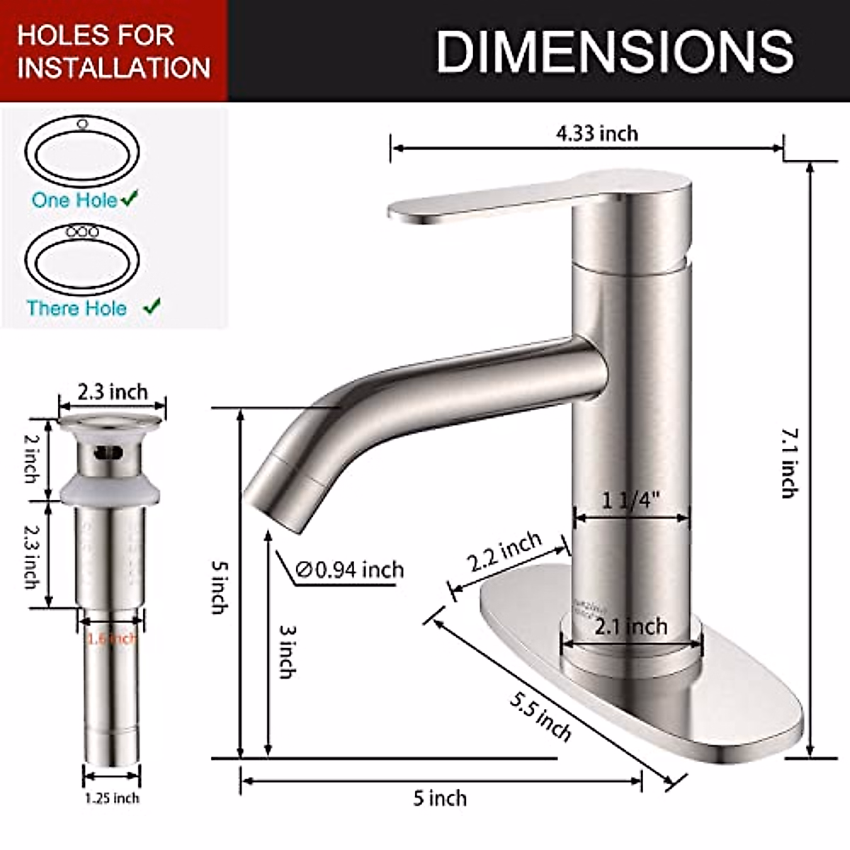 AMAZING FORCE Bathroom Faucet with Pop Up Drain Assembly and Deck Plate 1 or 3 Hole Bathroom Sink Faucet with Sink Drain Single Handle, Brushed Nickel 1.2 GPM