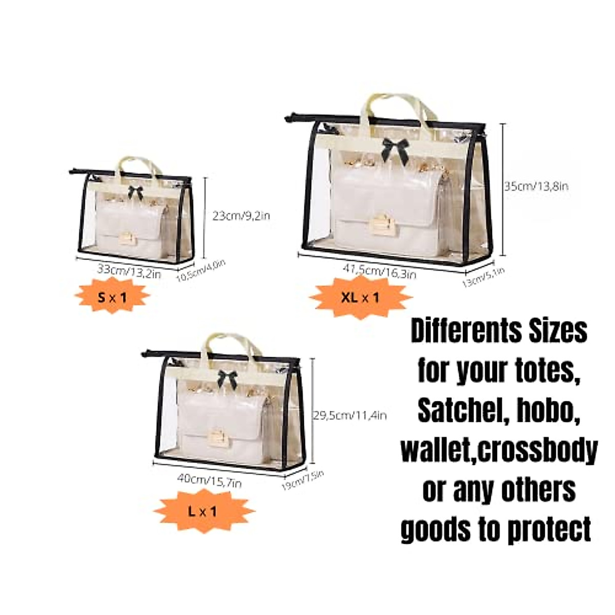 About tidy love Dust Bags For Handbags, Clear Purse Storage Organizer for Closet - Dust Free, Waterproof & Protective Purse Dust Bag with Zipper & Handles - 3x Transparent Purse Holder + 3 Hooks (1)