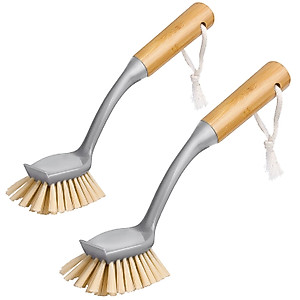 MR.SIGA Dish Brush with Long Bamboo Handle Built-in Scraper, Scrub Brush for Pans, Pots, Kitchen Sink Cleaning, Pack of 2