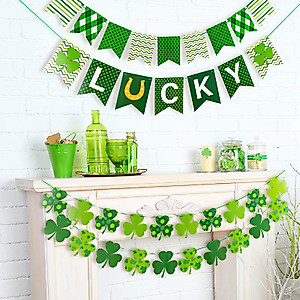 Whaline 4pcs St. Patrick's Day Banner Decoration Pre-Assembled Cartoon Holiday Flag Garland Double-Sided Green Lucky Shamrock Clover Banner Spring Irish Home Party Supplies