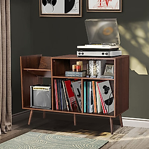QHITTY Record Player Stand, Mid-Century Modern Vinyl Record Storage Cabinet Table with Wood Legs, Turntable Stand Record Holder Holds Up to 300 Albums for Living Room, Bedroom