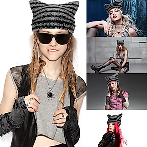 Quelay 22 Pcs Y2k Grunge Knitted Cat Beanie with Fairy Grunge Ripped Glove Earrings Necklace Rings Set Devil Horn Grunge Accessories Slouchy Hat Crochet Beanie with Ears (Black)