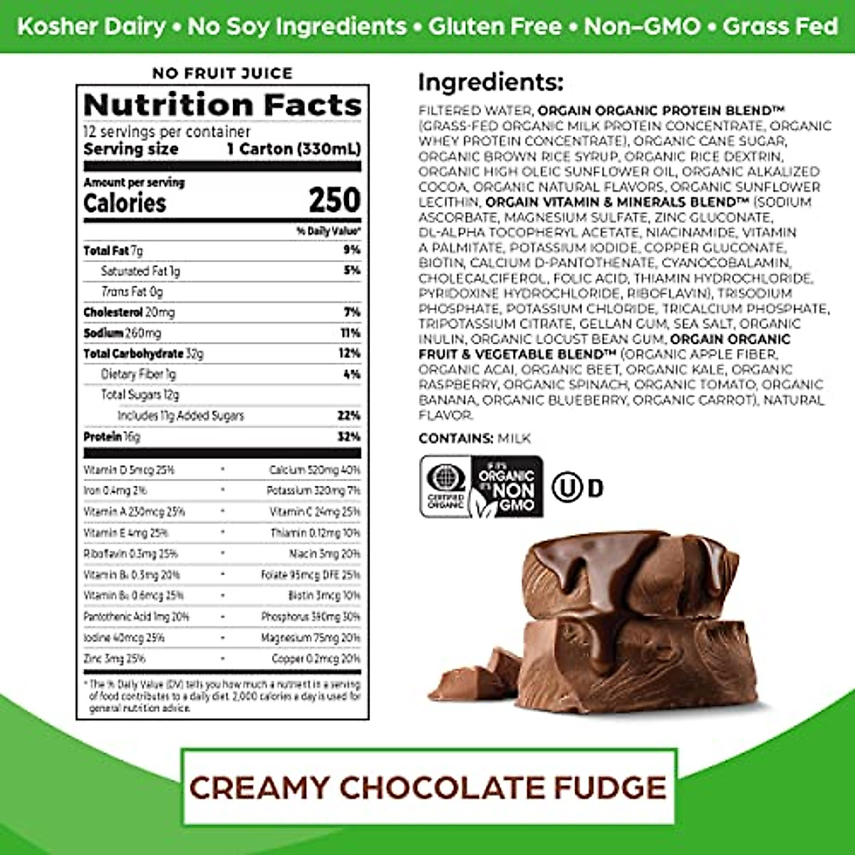 Orgain Organic Nutritional Shake, Creamy Chocolate Fudge - Meal Replacement, 16g Grass Fed Whey Protein, 20 Vitamins & Minerals, Gluten & Soy Free, Kosher, Non-GMO, 11 Fl Oz (Pack of 12)