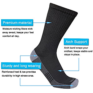 APTYID Men's Moisture Wicking Cushioned Crew Work Boot Socks, Size 9-12, Black, 6 Pairs