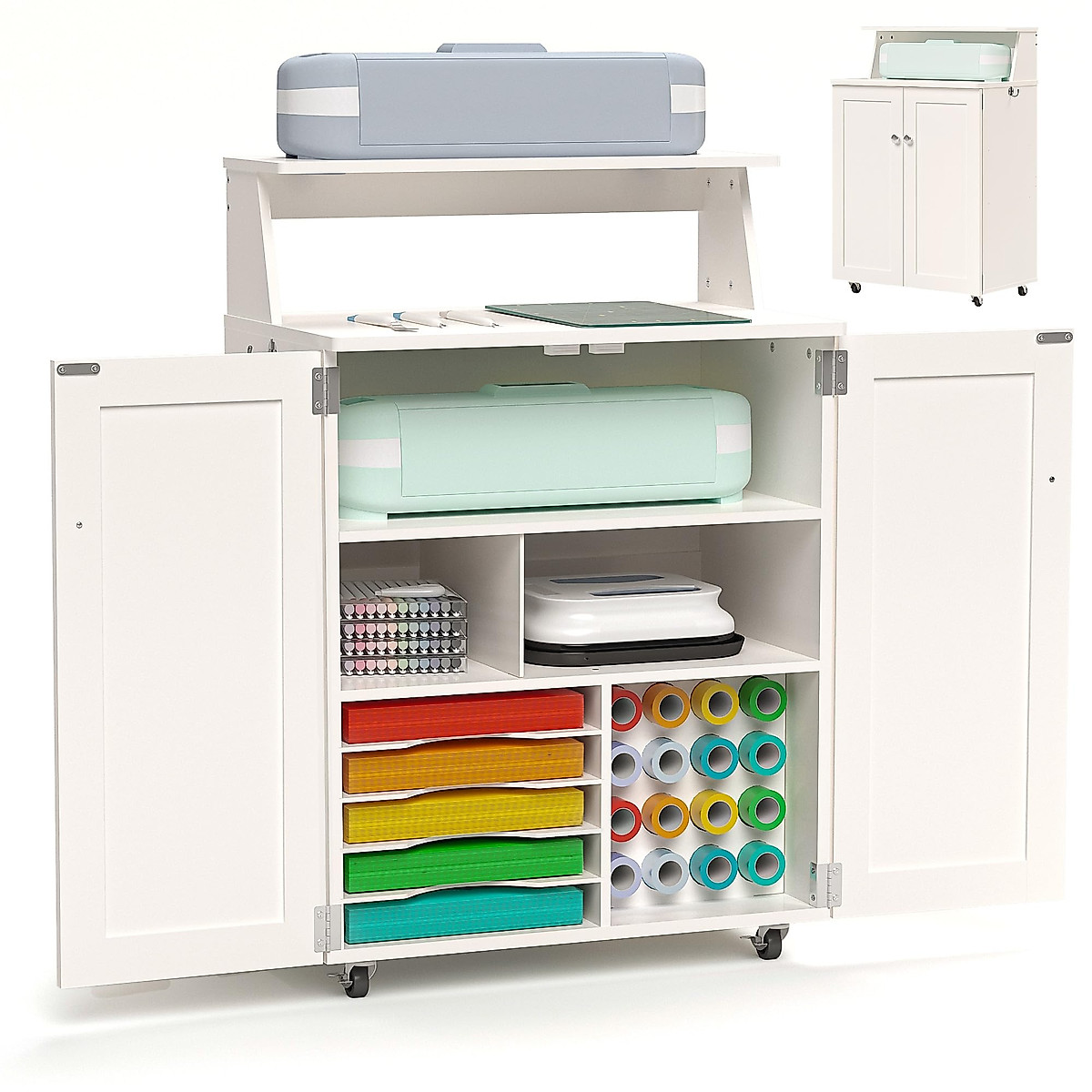 𝐂𝐫𝐚𝐟𝐢𝐭 Craft Cart Storage Cabinet Compatible with Cricut Machine, Rolling Crafting Table Furniture with Vinyl Roll Holder Organizer Desk Workstation for Craft Room Home Organization, Ivory