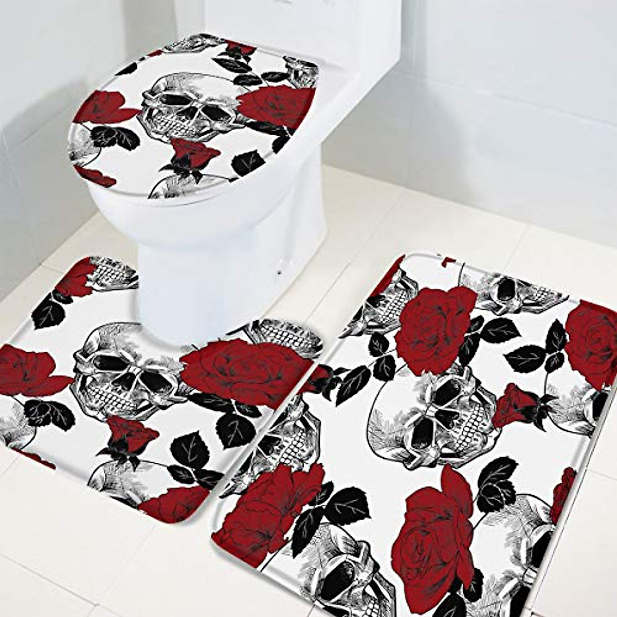 Women Trend 3 Piece Bath Rugs Set Red Rose Leaves Skull Non-Slip Bathroom Mats Absorbent Contour Soft Mat Toilet Lid Cover Bathroom Decor Set- 20"x32"+16"x18"+16"x20"