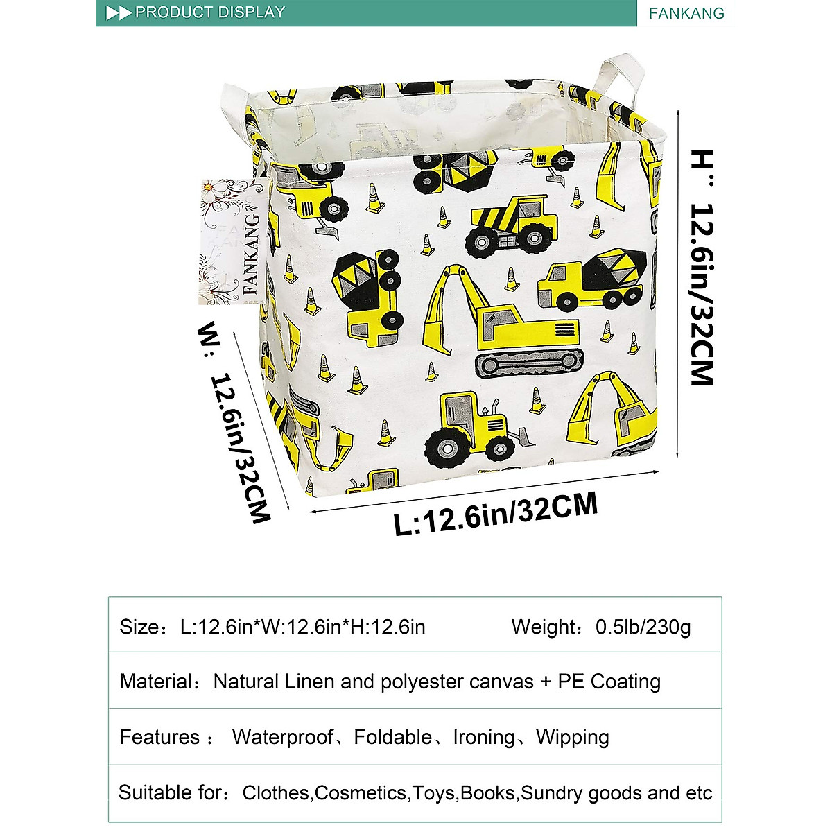 FANKANG Square Nursery Hamper Storage Bins Canvas Laundry Basket Foldable with Waterproof PE Coating Large Storage Baskets Gift Baskets for Children, Office, Bedroom, Clothes,Toys (square engineering)