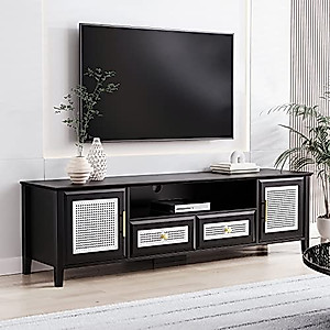 LZ LEISURE ZONE Farmhouse Rattan TV Stand for TVs up to 65", Boho Style Entertainment Center with Gold Metal Handles, Modern TV Console Table with Drawers and Cabinets for Living Room, Black