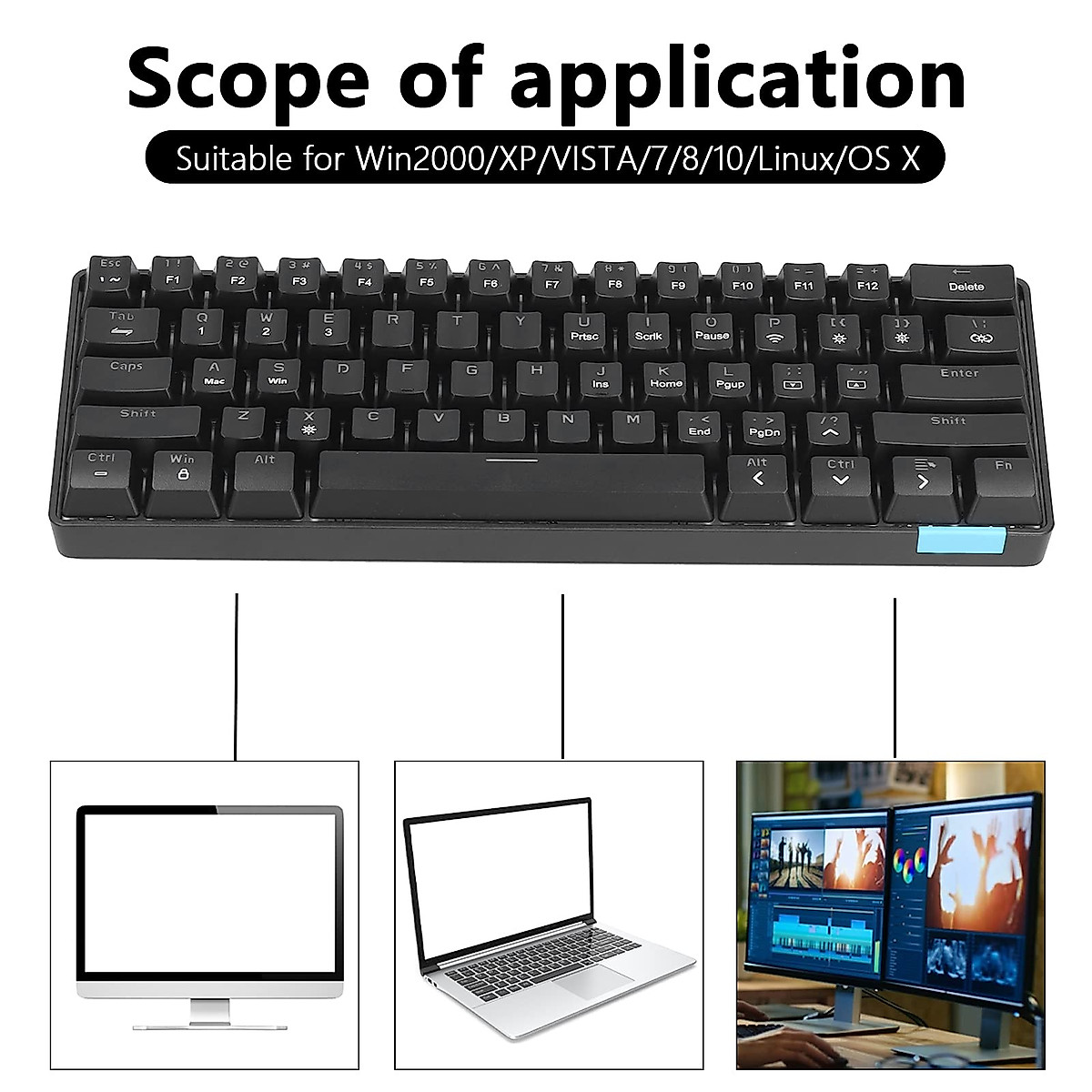 Kafuty-1 STK61 PBT Wireless Gaming Keyboard, 61 Keys LED Backlight Rechargeable Mechanical Keyboard, USB C Bluetooth Keyboard, for Win 2000/XP/VISTA/7/8/10/Linux/OS X(Black Tea Shaft)