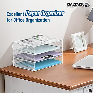 DALTACK 3 Tier Letter Tray Paper Organizer with Handle, Mesh Desk File Organizer, Paper Tray Desk Organizer for School Office Home, Metal Mesh, White